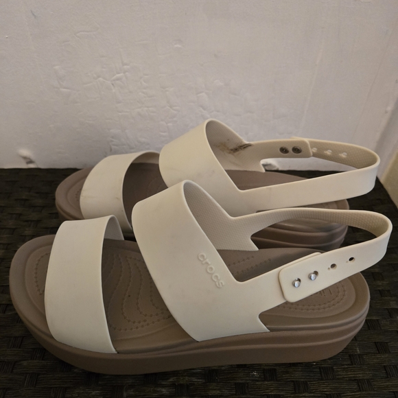 CROCS | Shoes | Crocs Cream And Tan Sandals With Contoured Footbed ...
